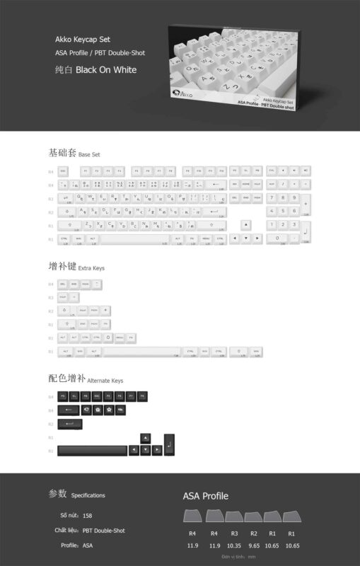 AKKO Keycap set – Black on White BoW (PBT Double-Shot/ASA profile/158 ...