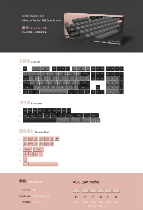 AKKO Keycap set – Black Pink (PBT Double-Shot/ASA Low profile/155 nút ...