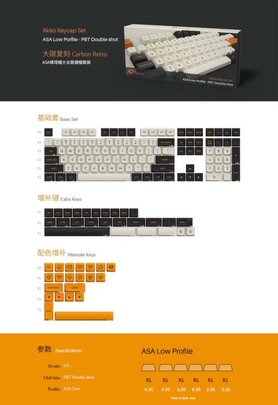 AKKO Keycap set – Carbon Retro (PBT Double-Shot/ASA Low profile/155 nút ...